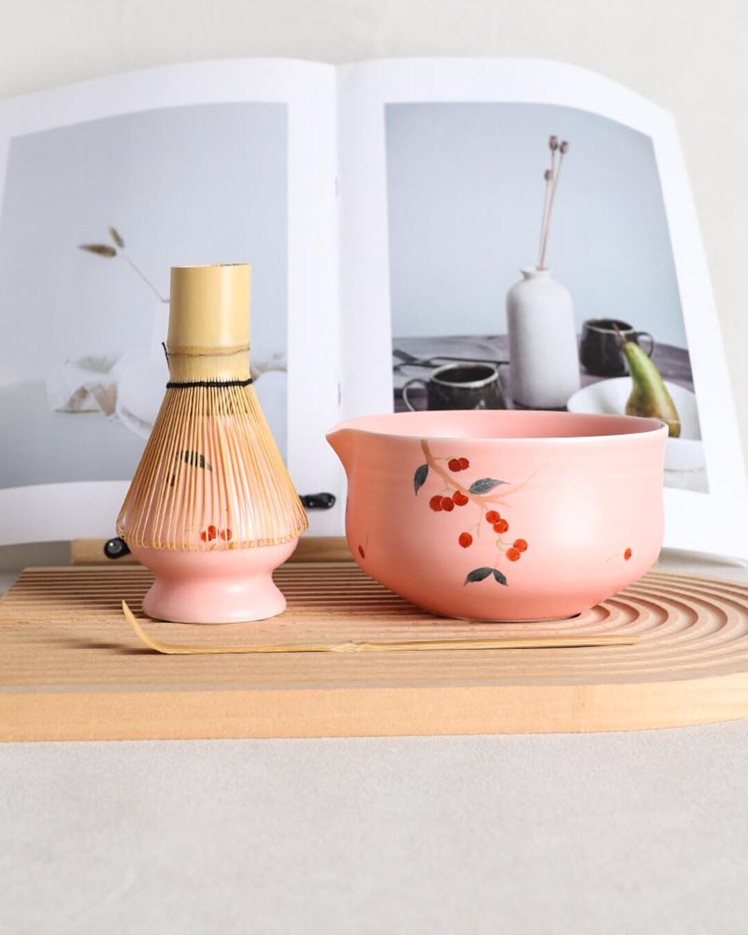 Hand-painted Hawthorn Ceramic Matcha Bowl With Spout Bamboo Whisk and ...