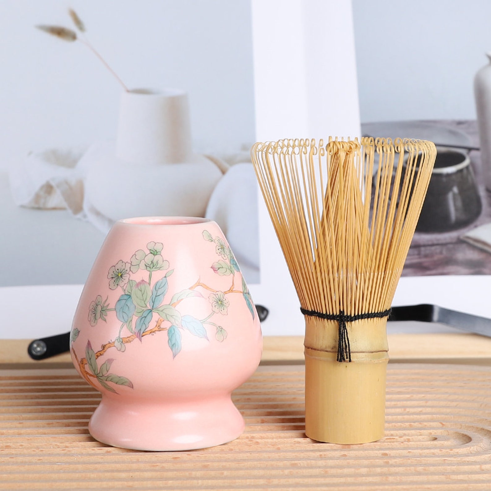 Hand-painted Pear Blossom Ceramic Matcha Set Pink Matcha Whisk Set ...