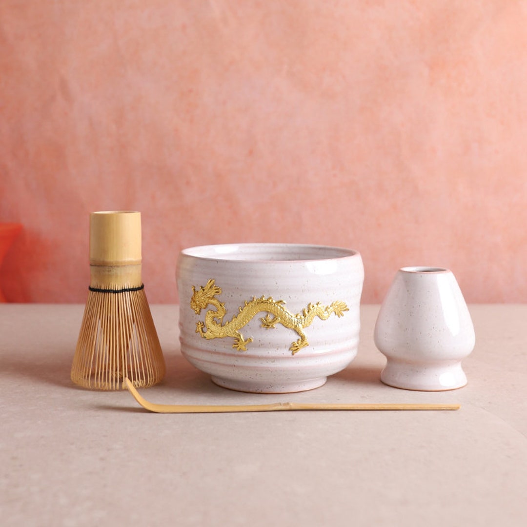 White Ceramic Matcha Tea Set Dragon Matcha Tea Bowl With Bamboo Whisk ...