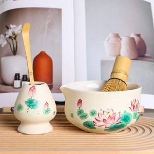 Hand-painted Lotus Ceramic Matcha Set With Bamboo Whisk and Chasen ...