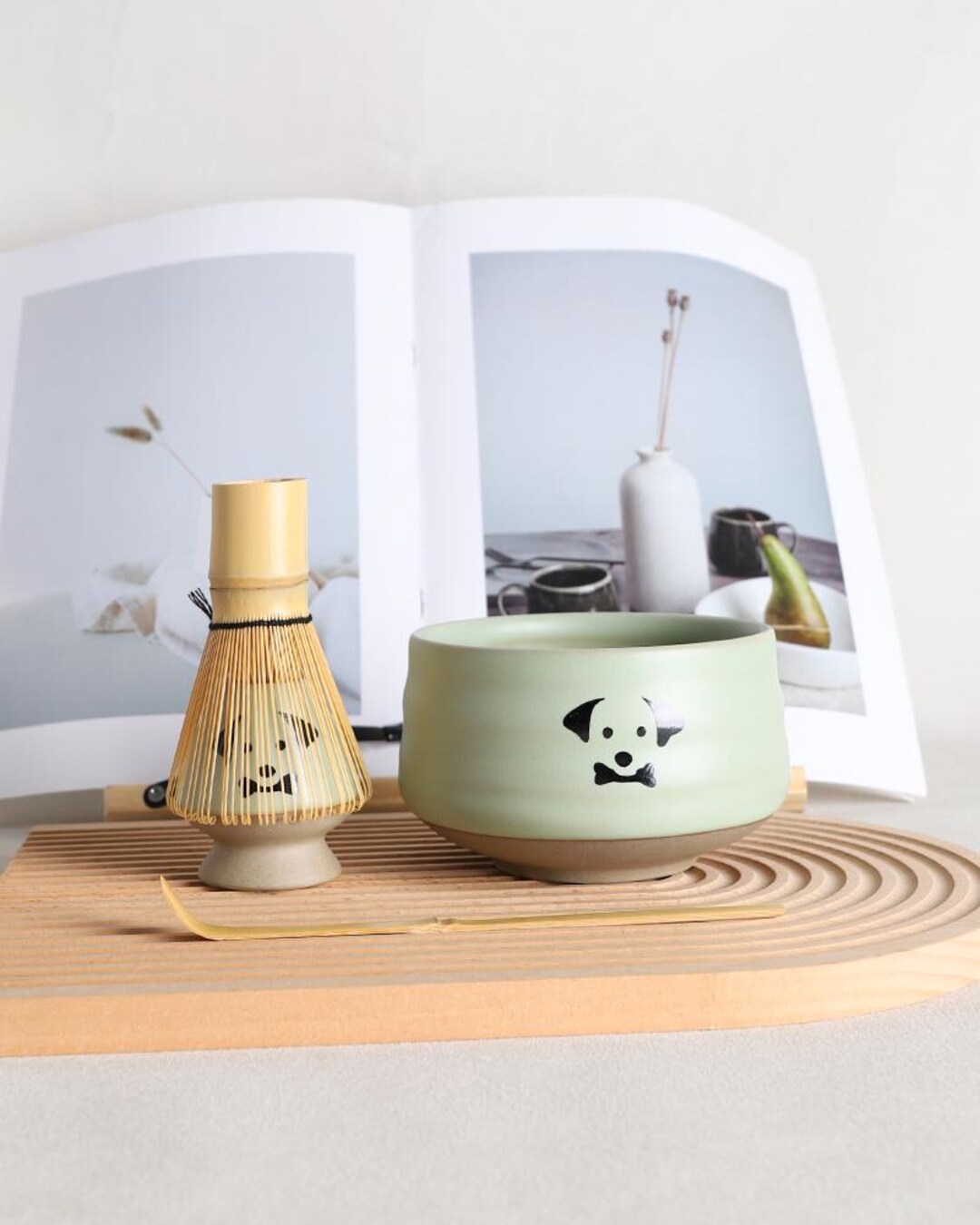 Hand-painted Dog Ceramic Matcha Set With Bamboo Whisk and Chasen Holder ...