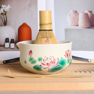 Hand-painted Lotus Ceramic Matcha Set With Bamboo Whisk and Chasen ...