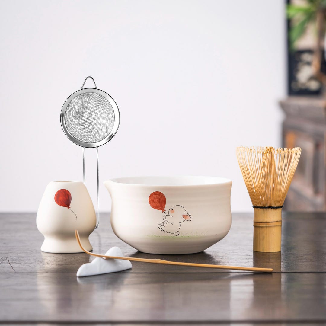 Hand-painted Cartoon Rabbit Ceramic Matcha Bowl With Spout Bamboo Whisk ...