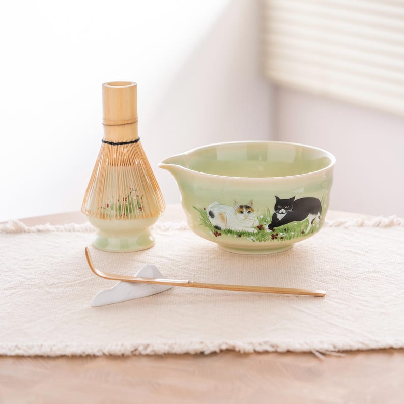 Hand-painted Cat Matcha Bowl Set – Ceramic Tea Ceremony Kit - Etsy