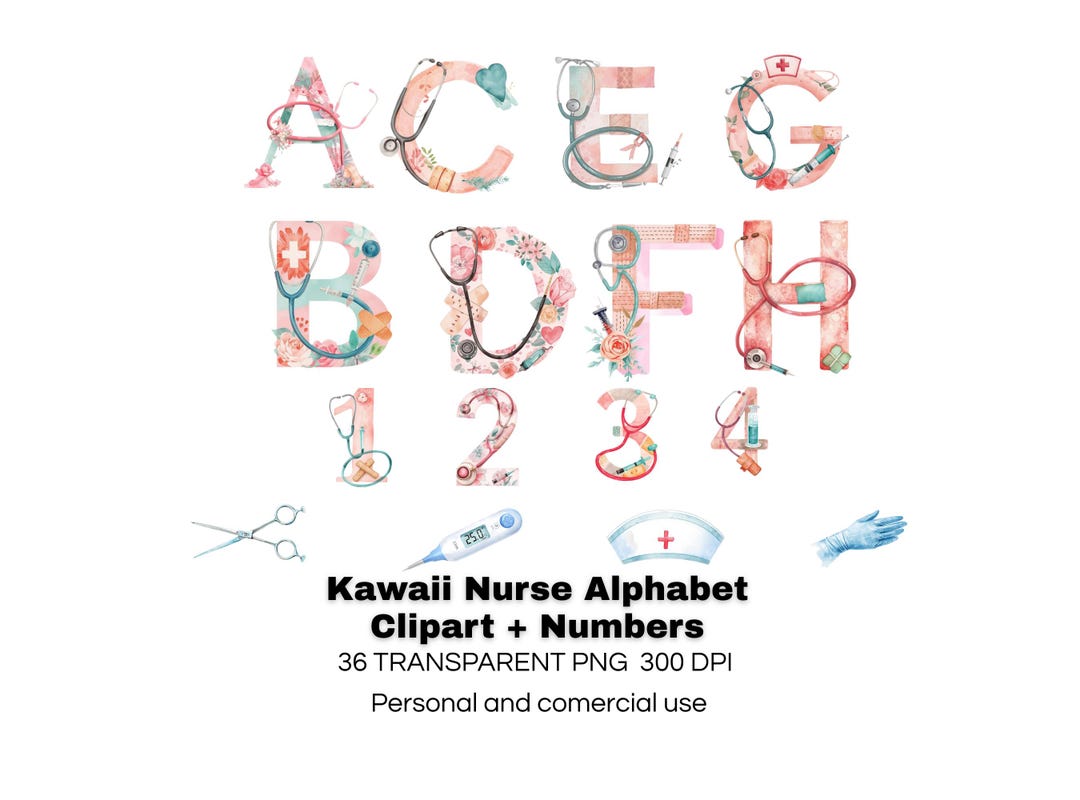Nurse Alphabet PNG for Sublimation, Medical Letters Clipart A-Z, Nurse ...