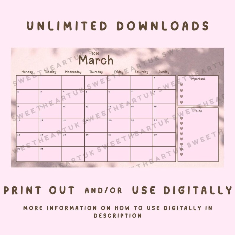 2026 Baby Pink Calendar - Print Out and Digital - Etsy