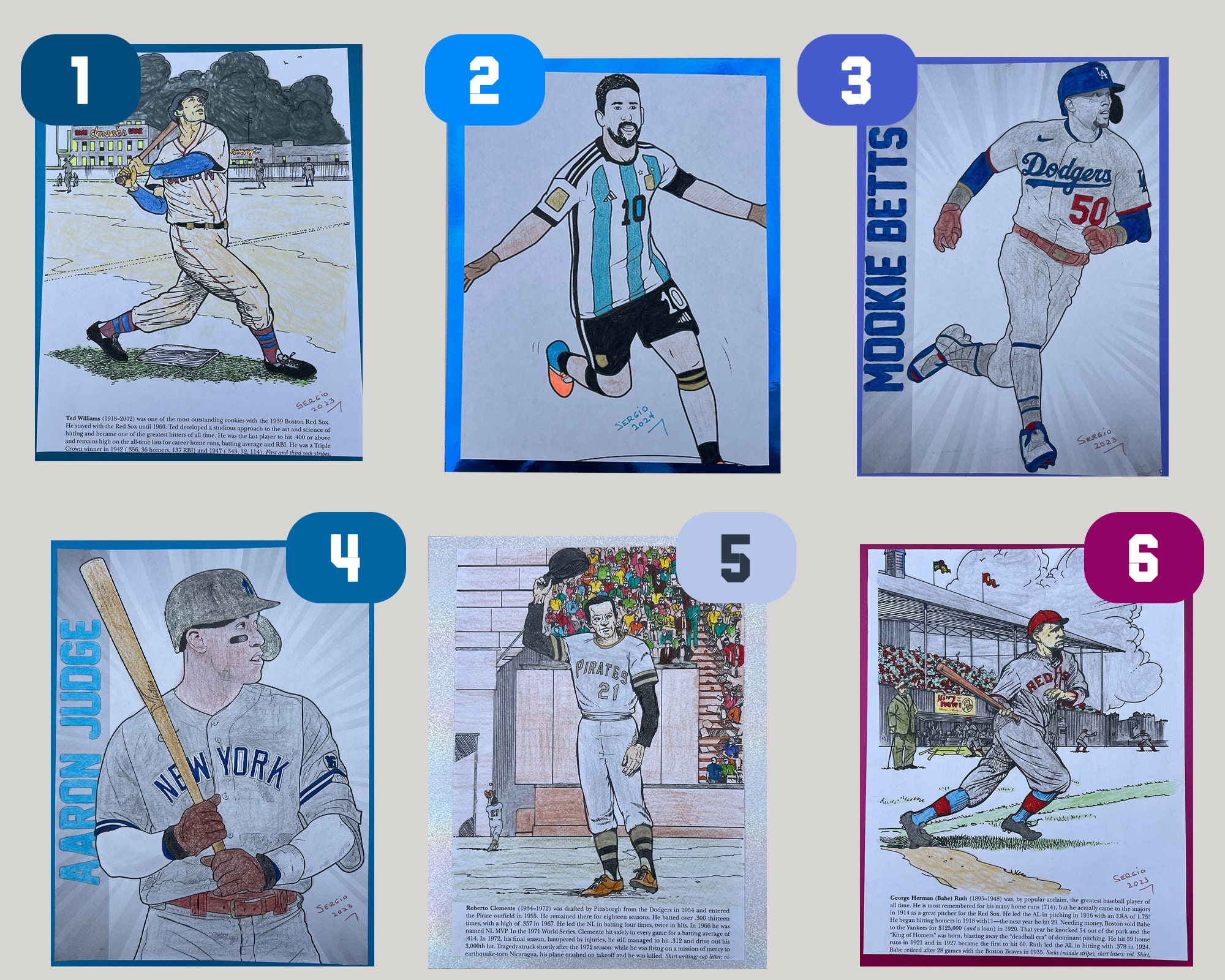 Hand Drawn Wall Art Lionel Messi, Ted Williams, George Herman babe Ruth ...