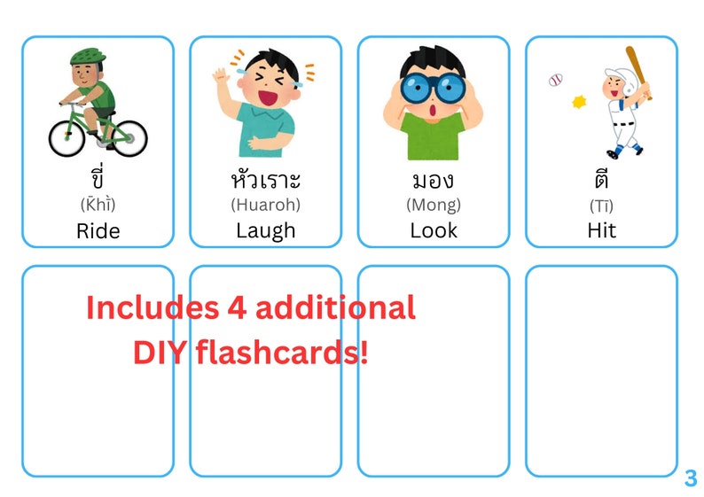 Thai Verbs Flashcards With Cute Pictures and Thai/english/easy ...