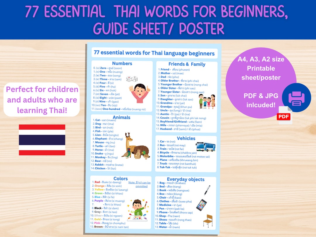77 Essential Words for Thai Language Beginners [guide Sheet/poster ...
