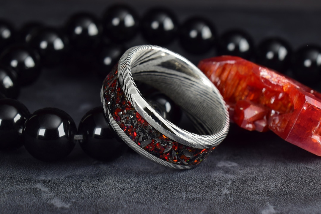 Damascus Steel Ring With Black Obsidian, Meteorite and Fire Opal Pieces ...