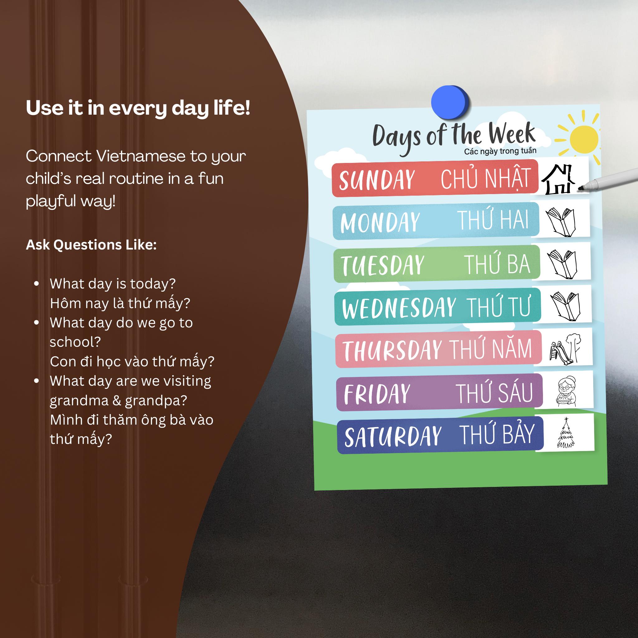 Days of the Week Chart – Learn English & Vietnamese | Bilingual Kids ...