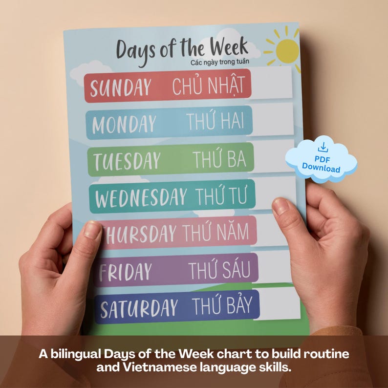 Days of the Week Chart – Learn English & Vietnamese | Bilingual Kids ...