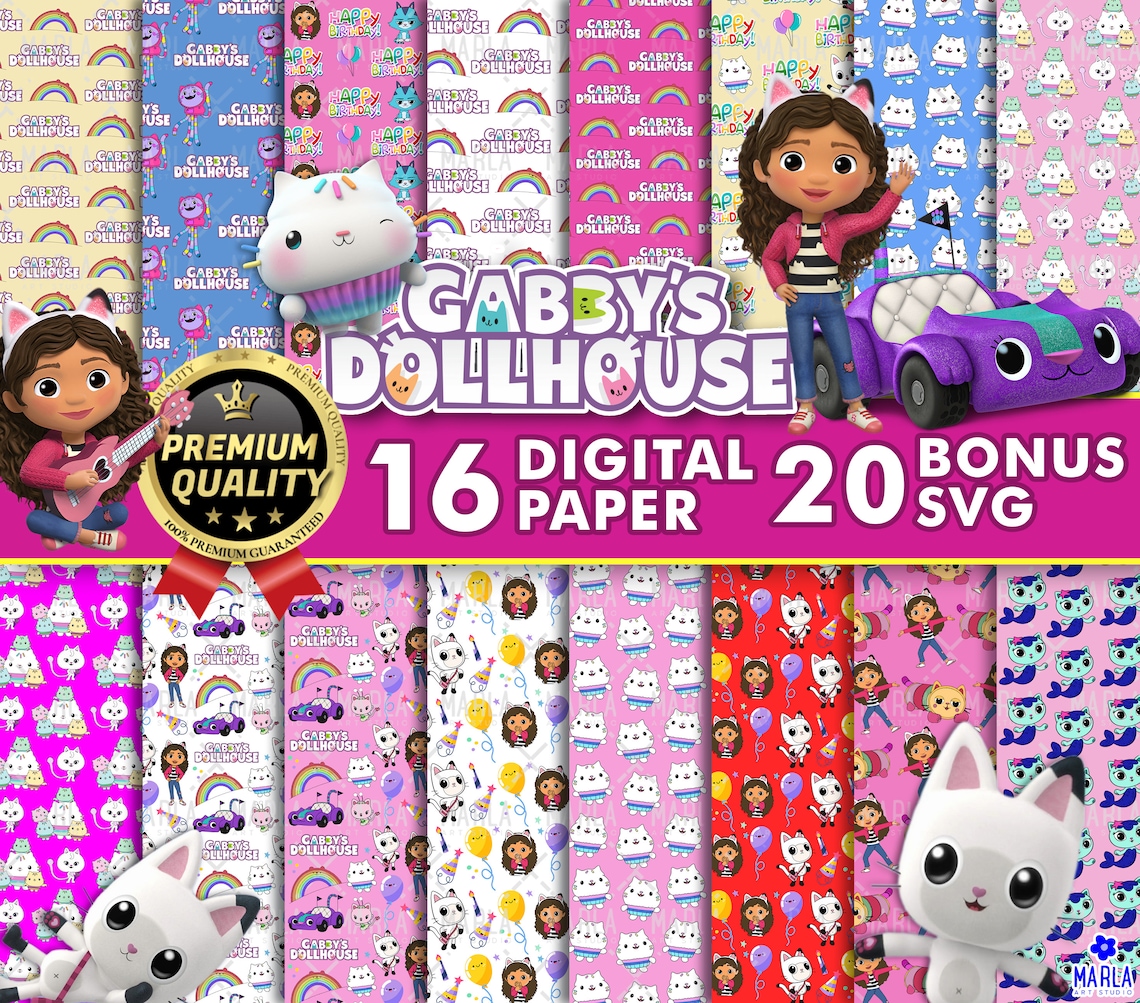Gabbys Dollhouse Digital Papers, Gabby Dollhouse Seamless Pattern ...