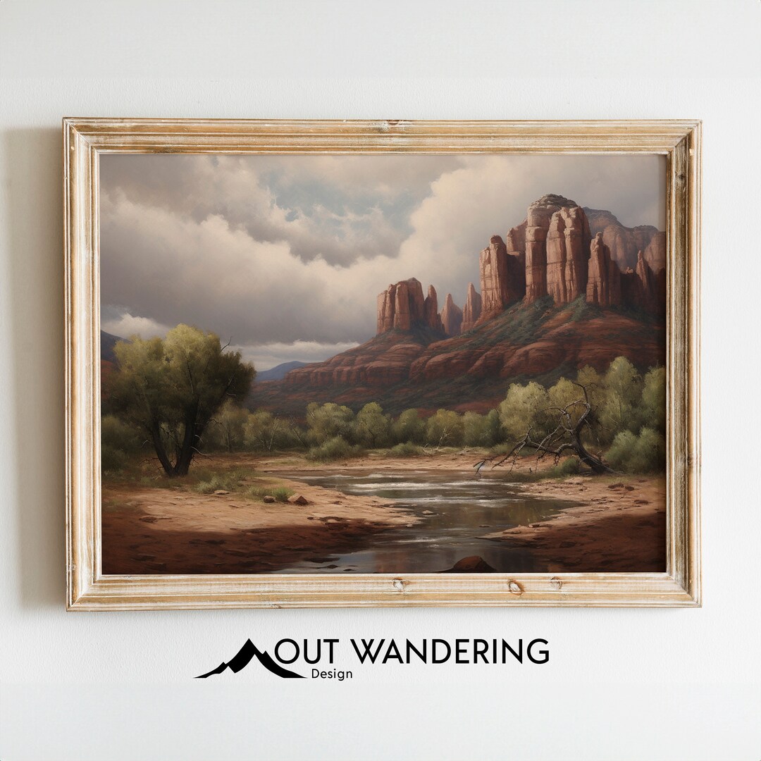 Vintage Style Wall Art Print | Small Stream Against Sedona Mountains ...