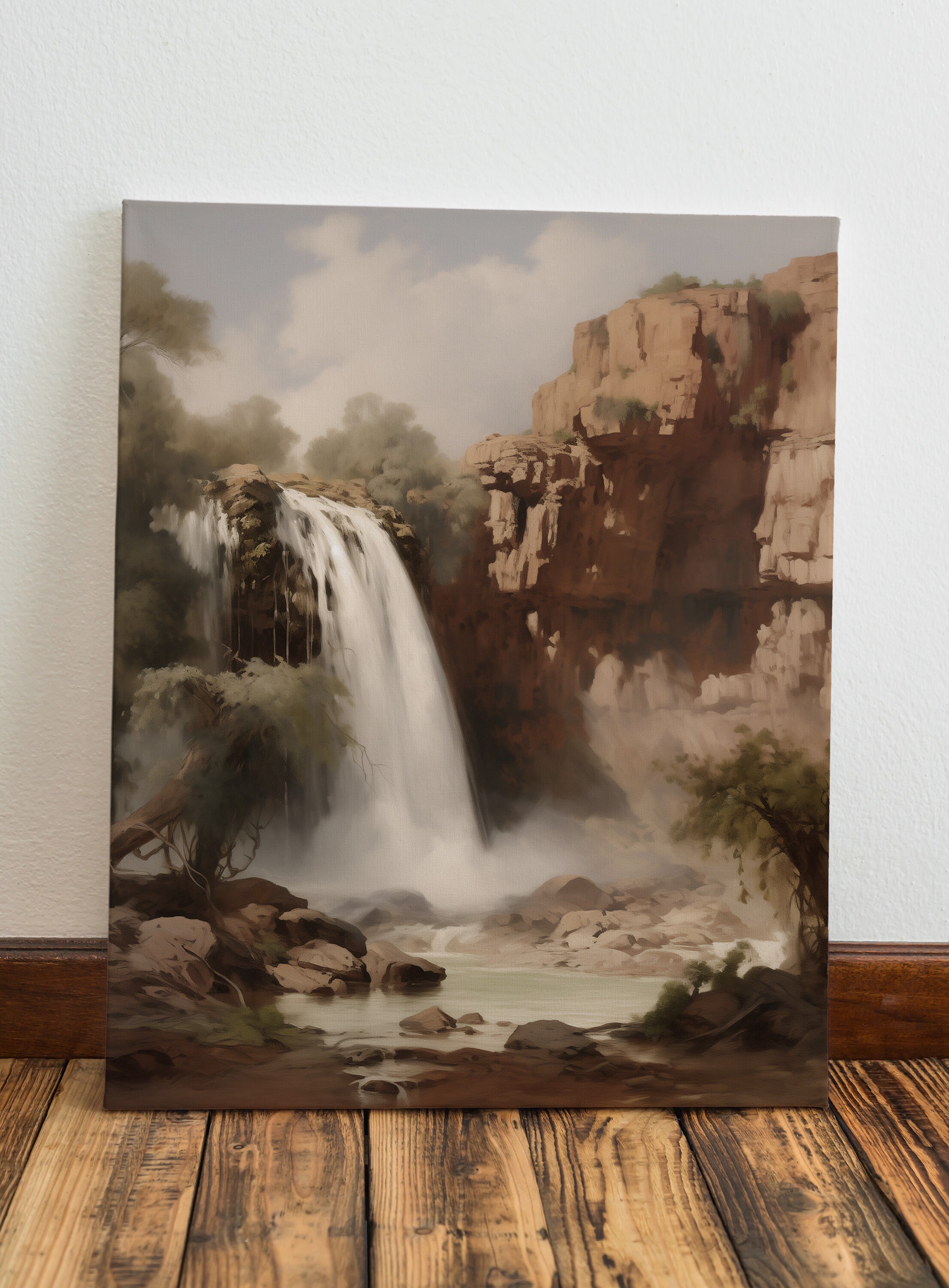 Rocky Desert Waterfall Landscape Art | Vintage Digital Print Painting ...