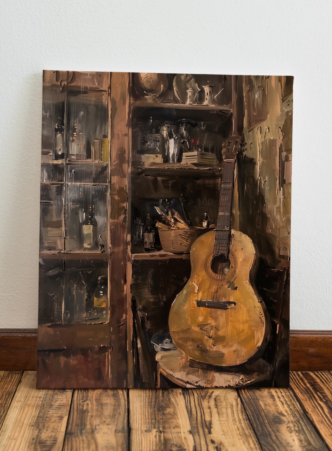 Acoustic Guitar Oil Painting | Vintage Music Instrument Wall Art ...