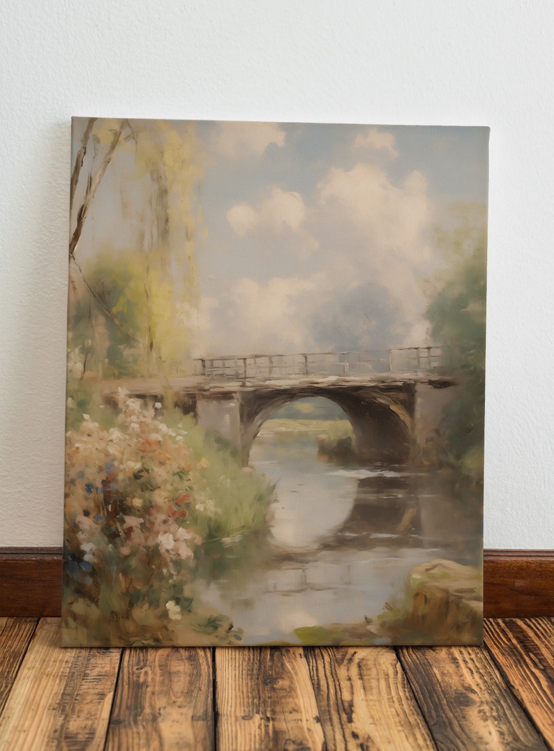 Bridge Over Water Art Print Vintage Digital Spring Flower Season Oil ...