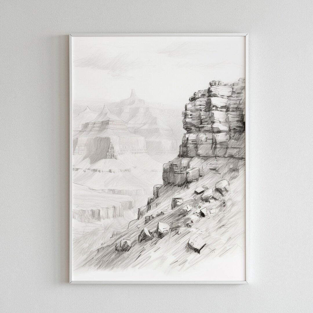 Grand Canyon Inspired Landscape Sketch Art | Impressionistic Vintage ...