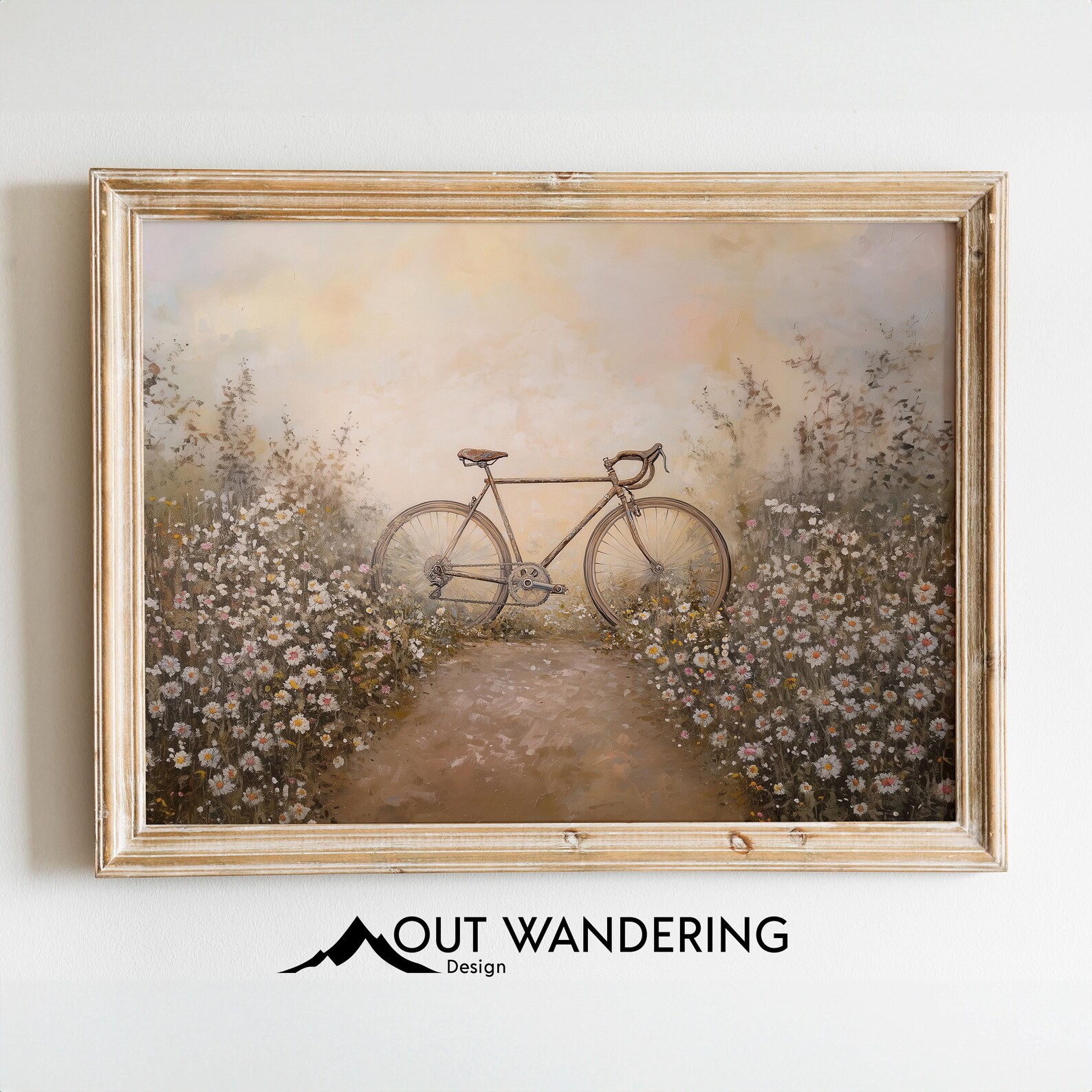 Vintage Road Bike Flower Field Art Print | Rustic Digital Spring Season ...