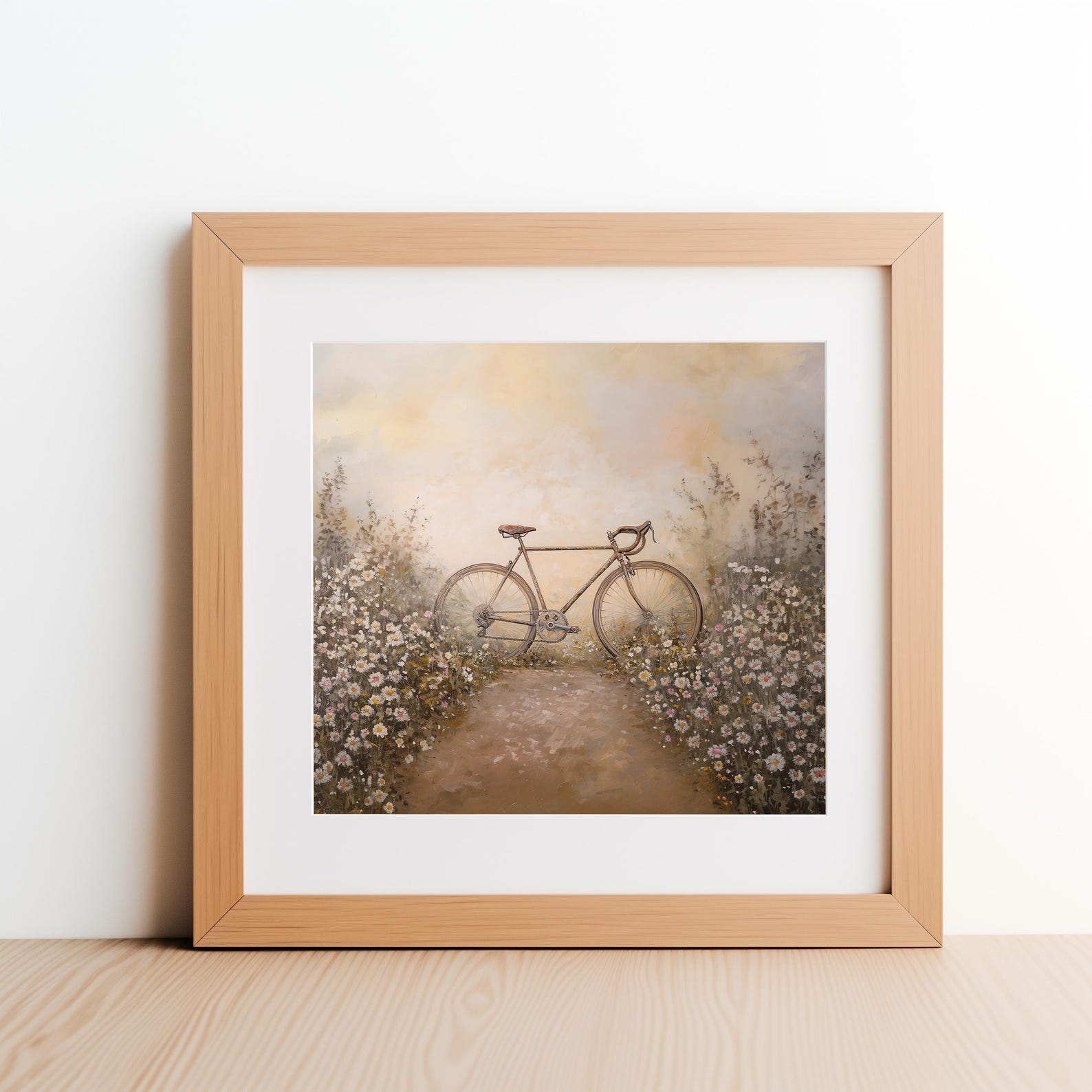 Vintage Road Bike Flower Field Art Print | Rustic Digital Spring Season ...