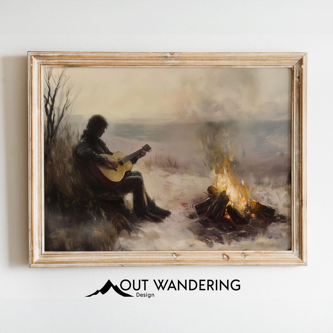 Acoustic Guitar Campfire Oil Painting | Vintage Style Music Instrument ...
