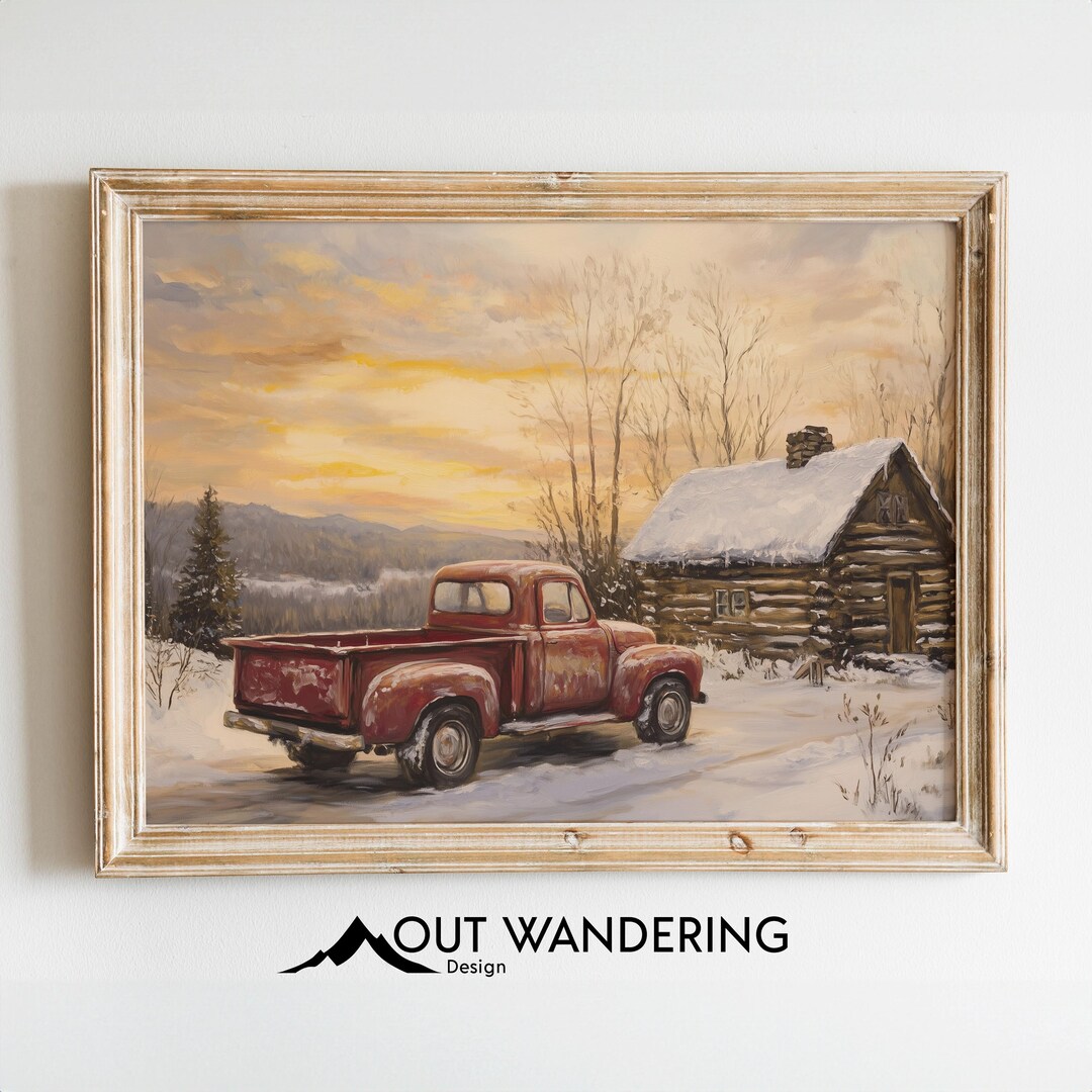 Vintage Red Pickup Truck Log Cabin Oil Painting | Winter Sunset Wall ...