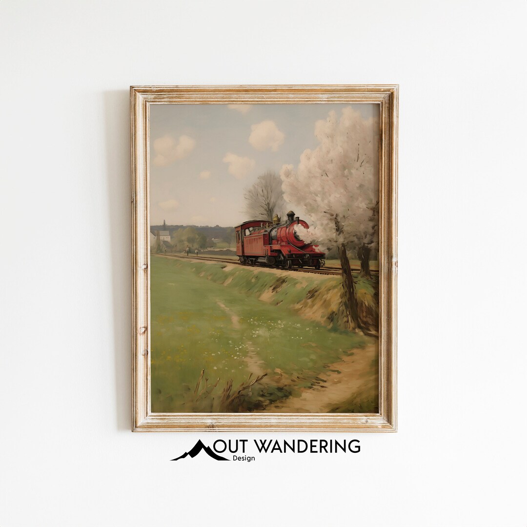 Vintage Train Engine Oil Painting Print | Rural Railroad Wall Art ...