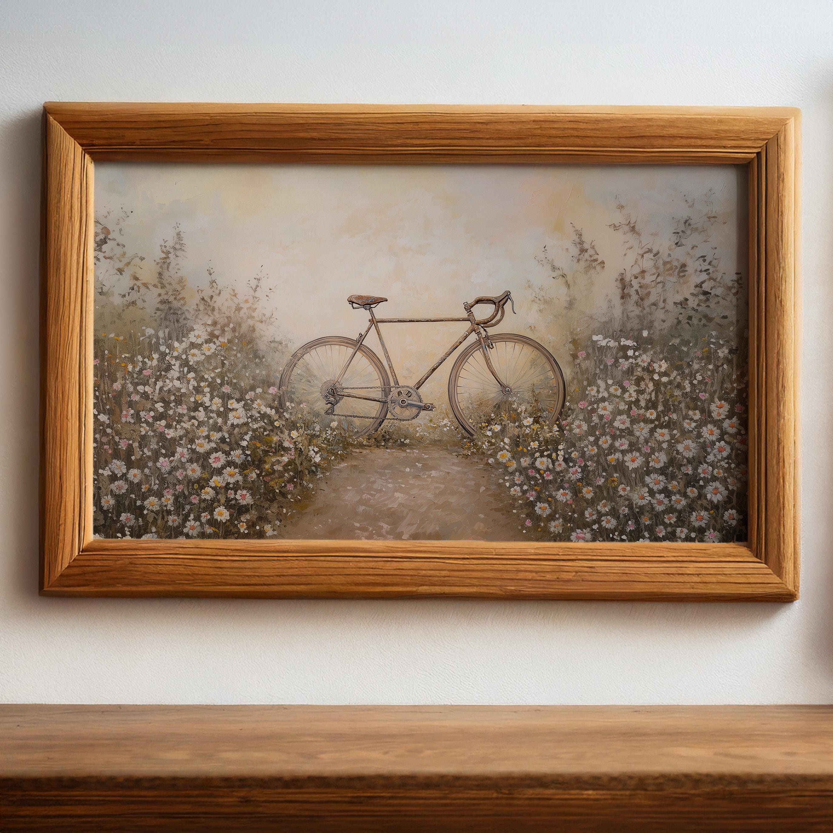 Vintage Road Bike Flower Field Art Print | Rustic Digital Spring Season ...