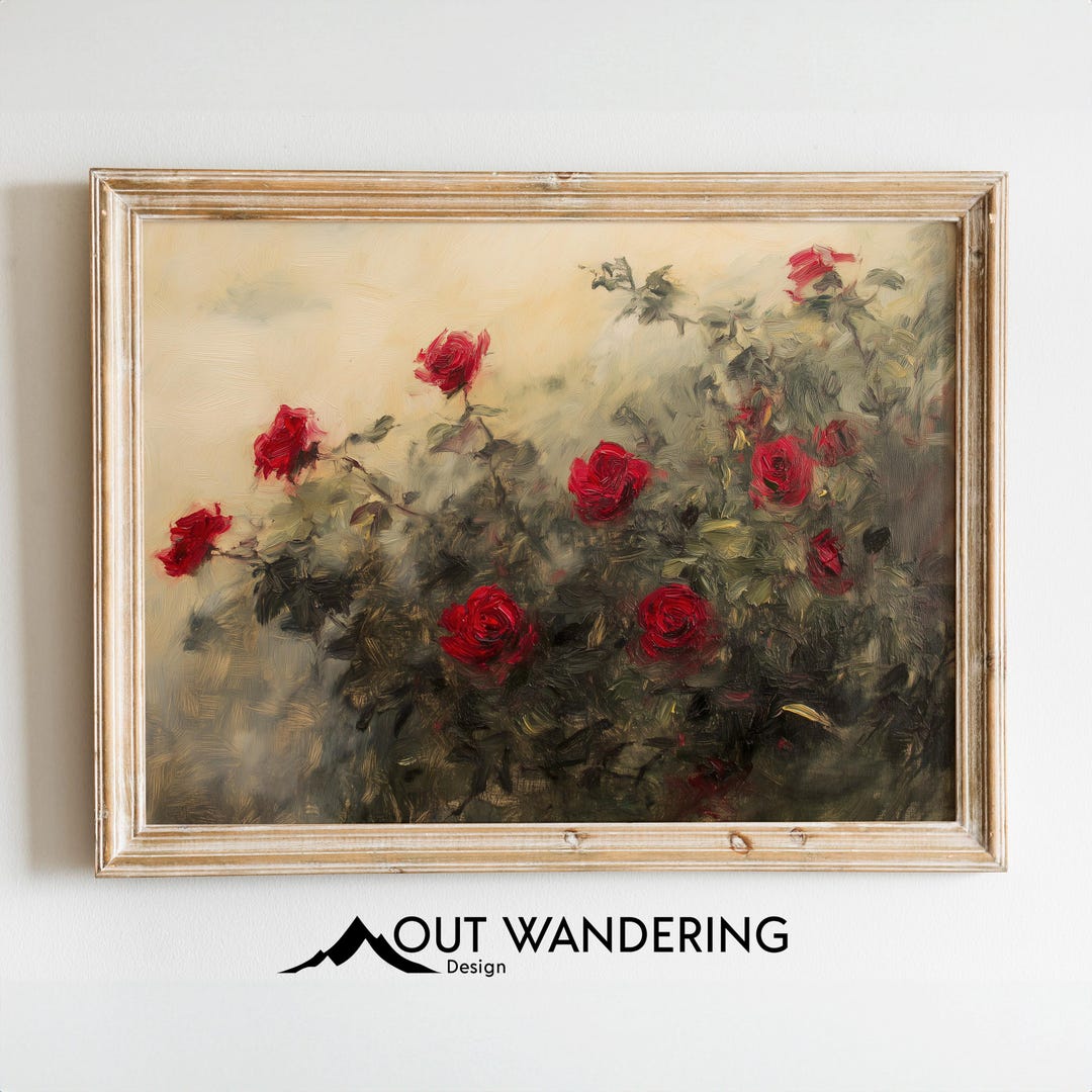 Vintage Rose Bush Oil Painting | Impressionistic Floral Wall Art ...