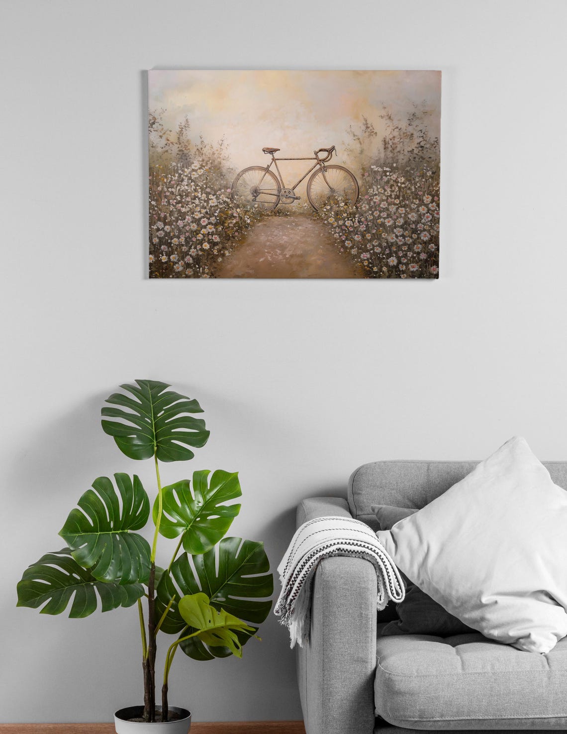 Vintage Road Bike Flower Field Art Print | Rustic Digital Spring Season ...