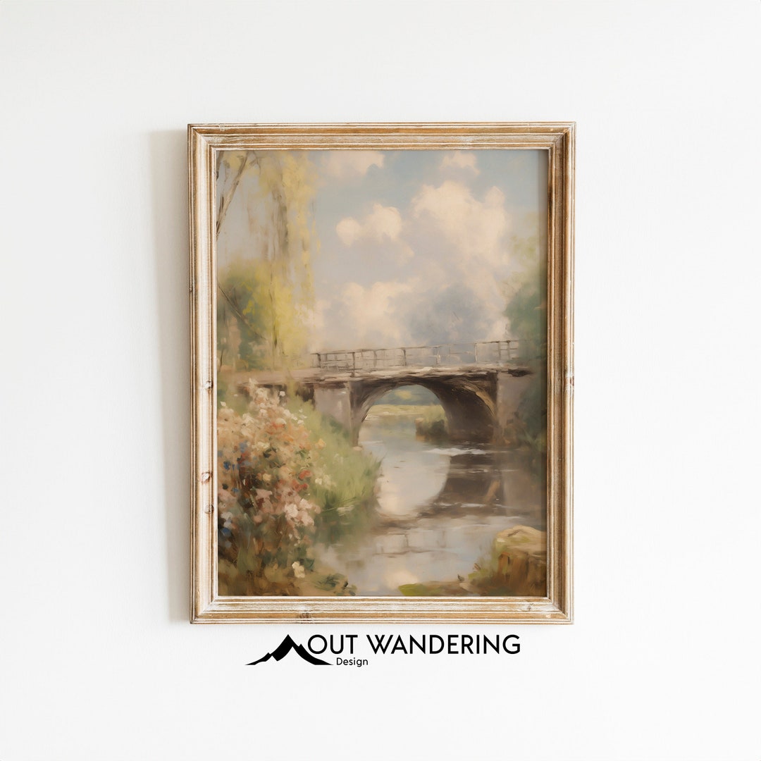 Bridge Over Water Art Print | Vintage Digital Spring Flower Season Oil ...