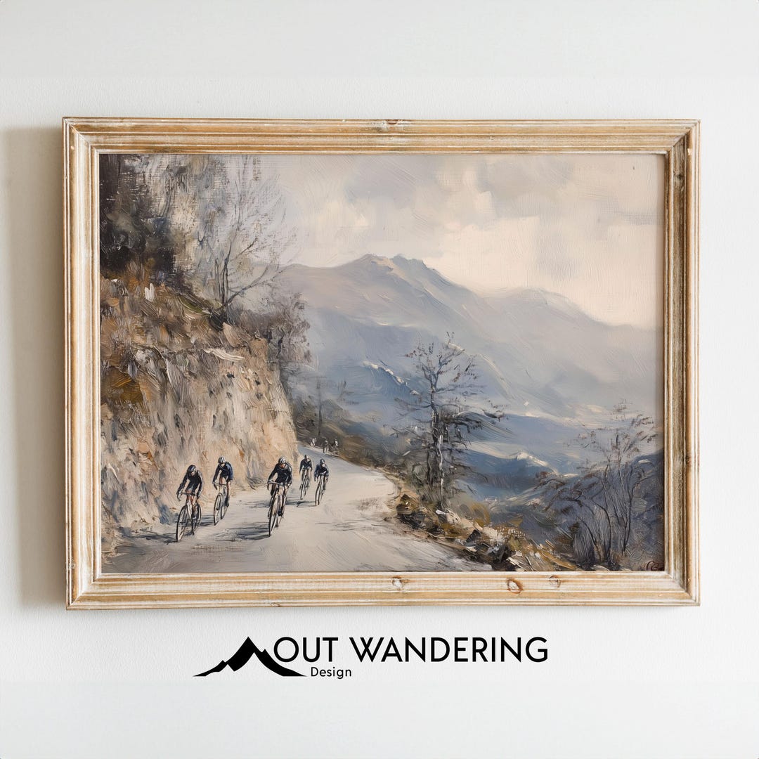 Road Bike Mountain Oil Painting Print | Vintage Cyclist Wall Art ...