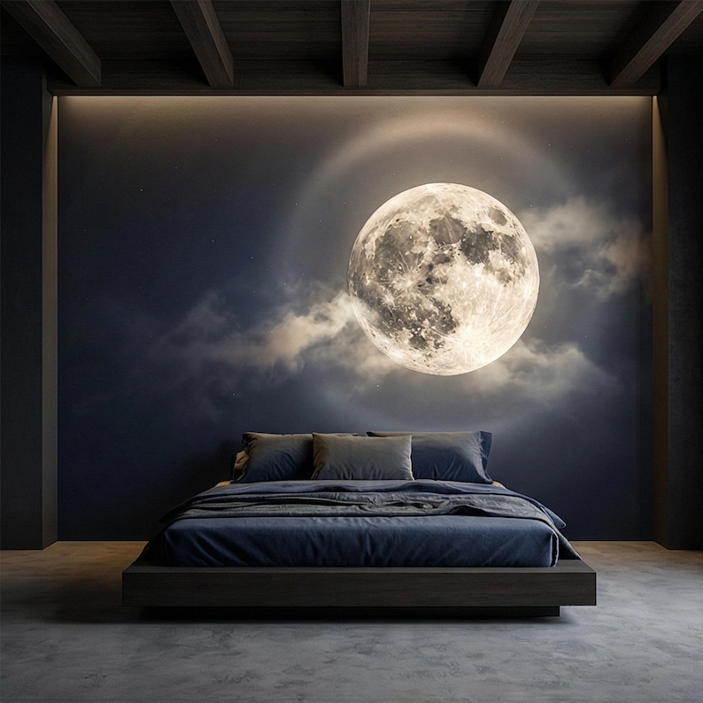 Full Moon Peel and Stick Wall Mural, Celestial Night Sky, Large Glowing ...