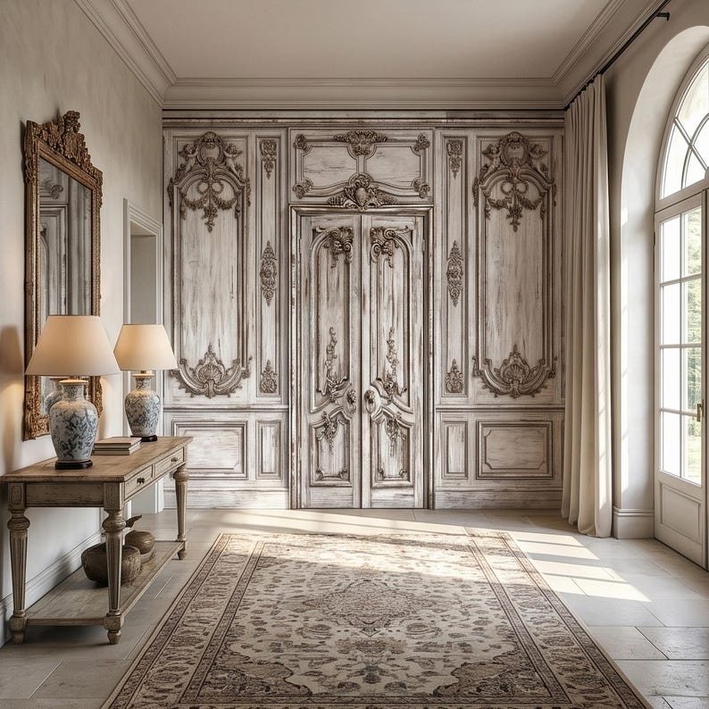 Vintage French Door Peel and Stick Wall Mural, Distressed White Baroque ...