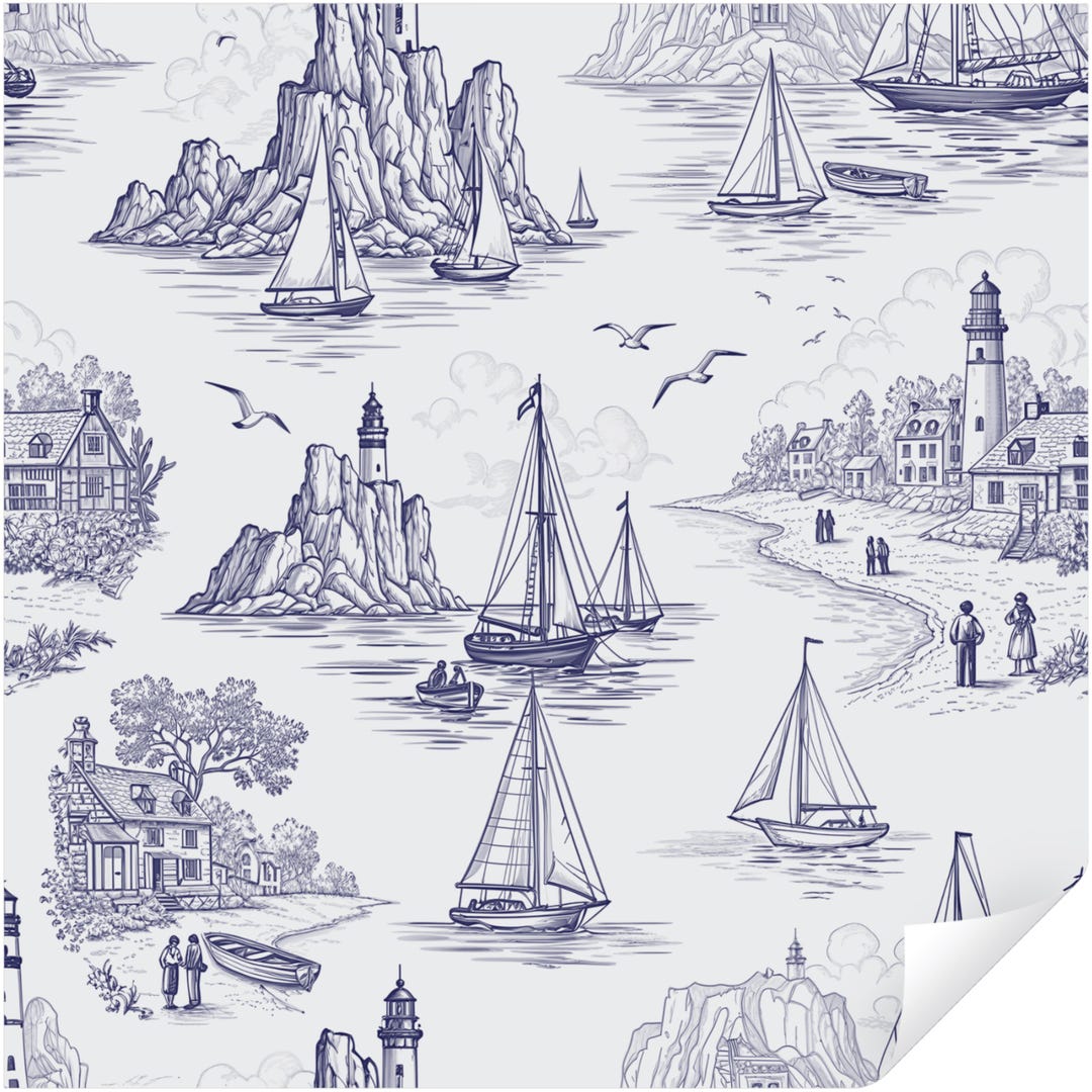 Navy Blue Coastal Toile Peel and Stick Wallpaper, Nautical Sailboats ...