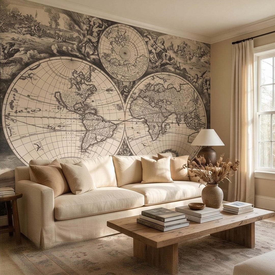 Antique World Map Peel and Stick Wall Mural, 17th Century Nautical ...