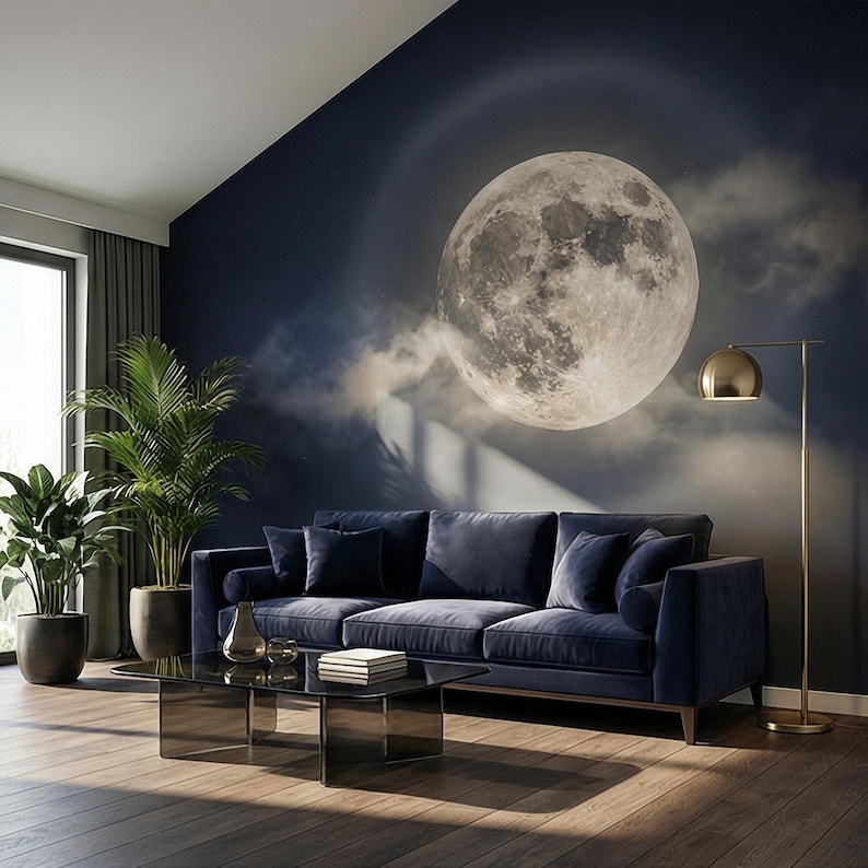 Full Moon Peel and Stick Wall Mural, Celestial Night Sky, Large Glowing ...