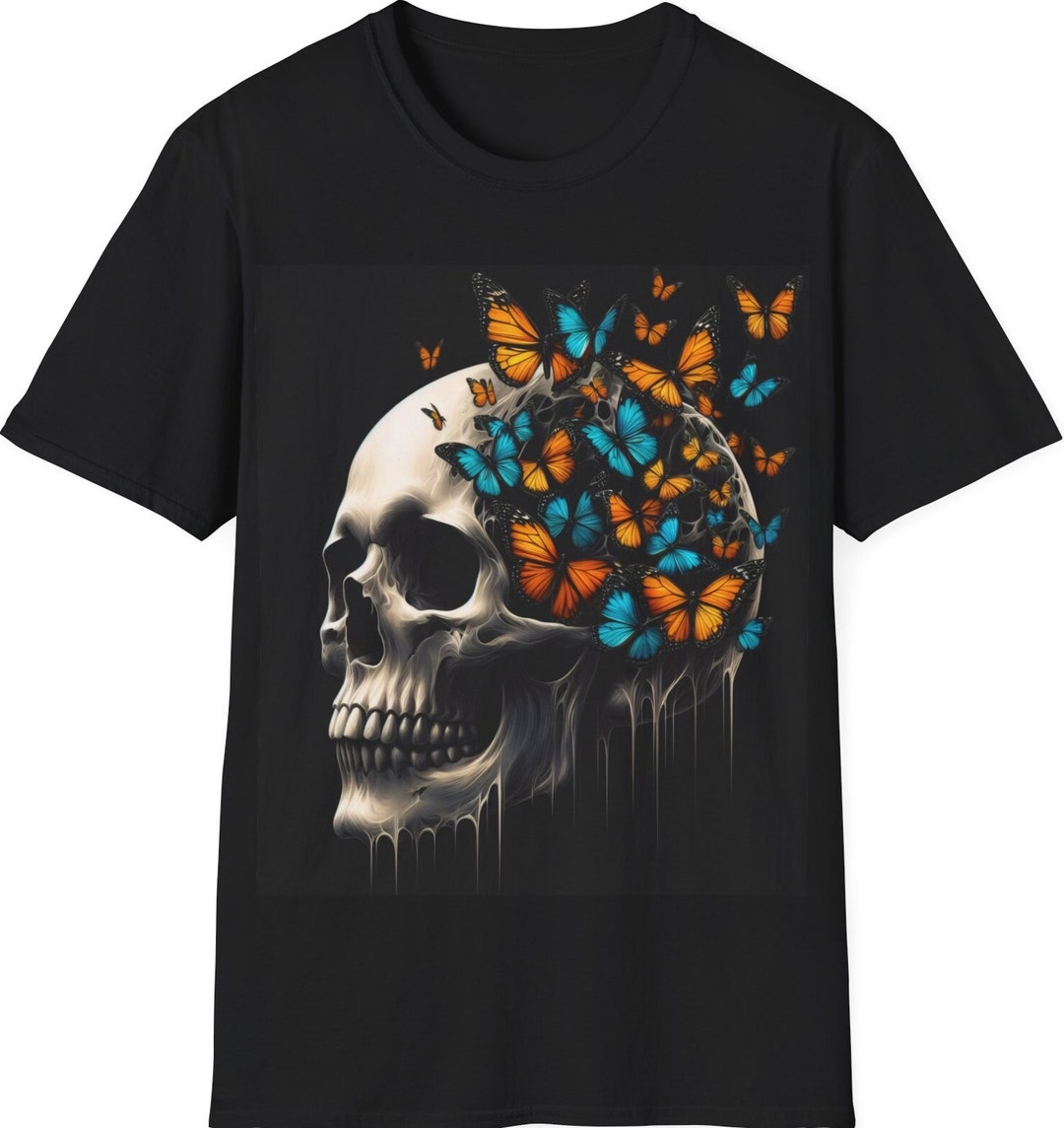 Butterflies Skull T-shirt, Skull Graphic Tee, Skull Art T-shirt, Skull ...