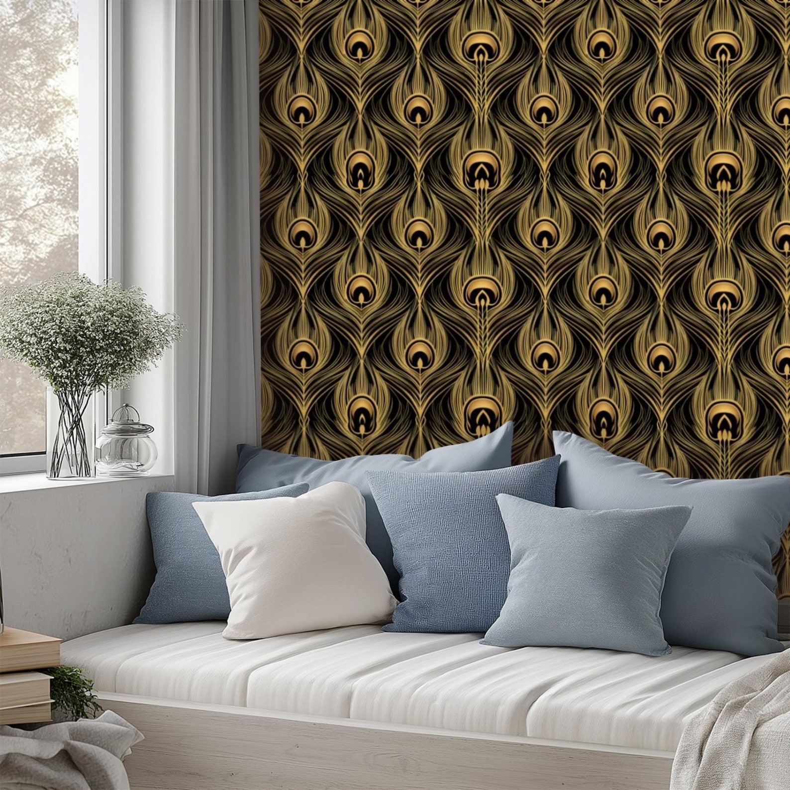 Black Gold Look Peacock Feather Peel and Stick Wallpaper, Art Deco Glam ...