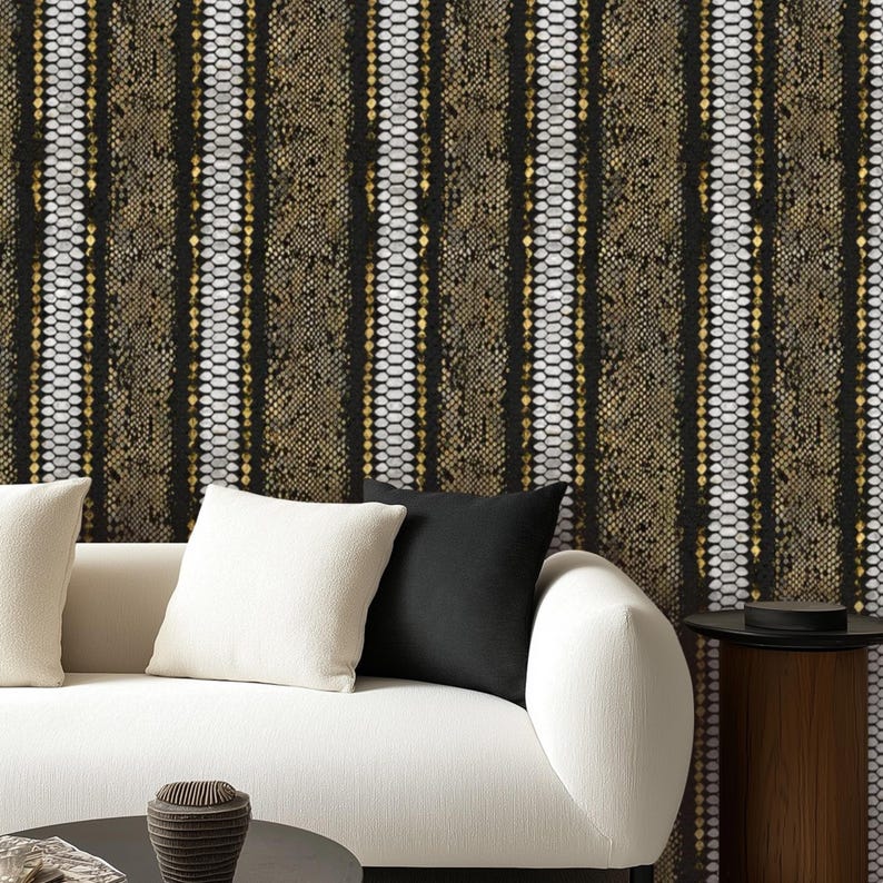 Peel and Stick Wallpaper Black Snake Skin Stripe Gold & Silver Look ...
