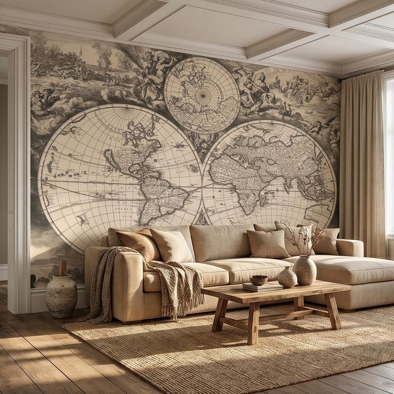 Antique World Map Peel and Stick Wall Mural, 17th Century Nautical ...