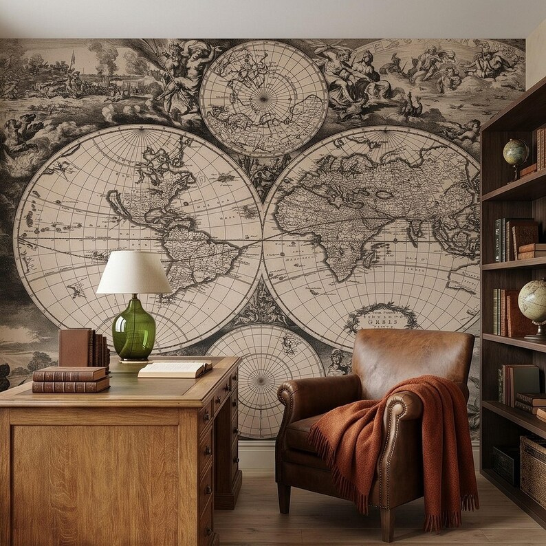 Antique World Map Peel and Stick Wall Mural, 17th Century Nautical ...