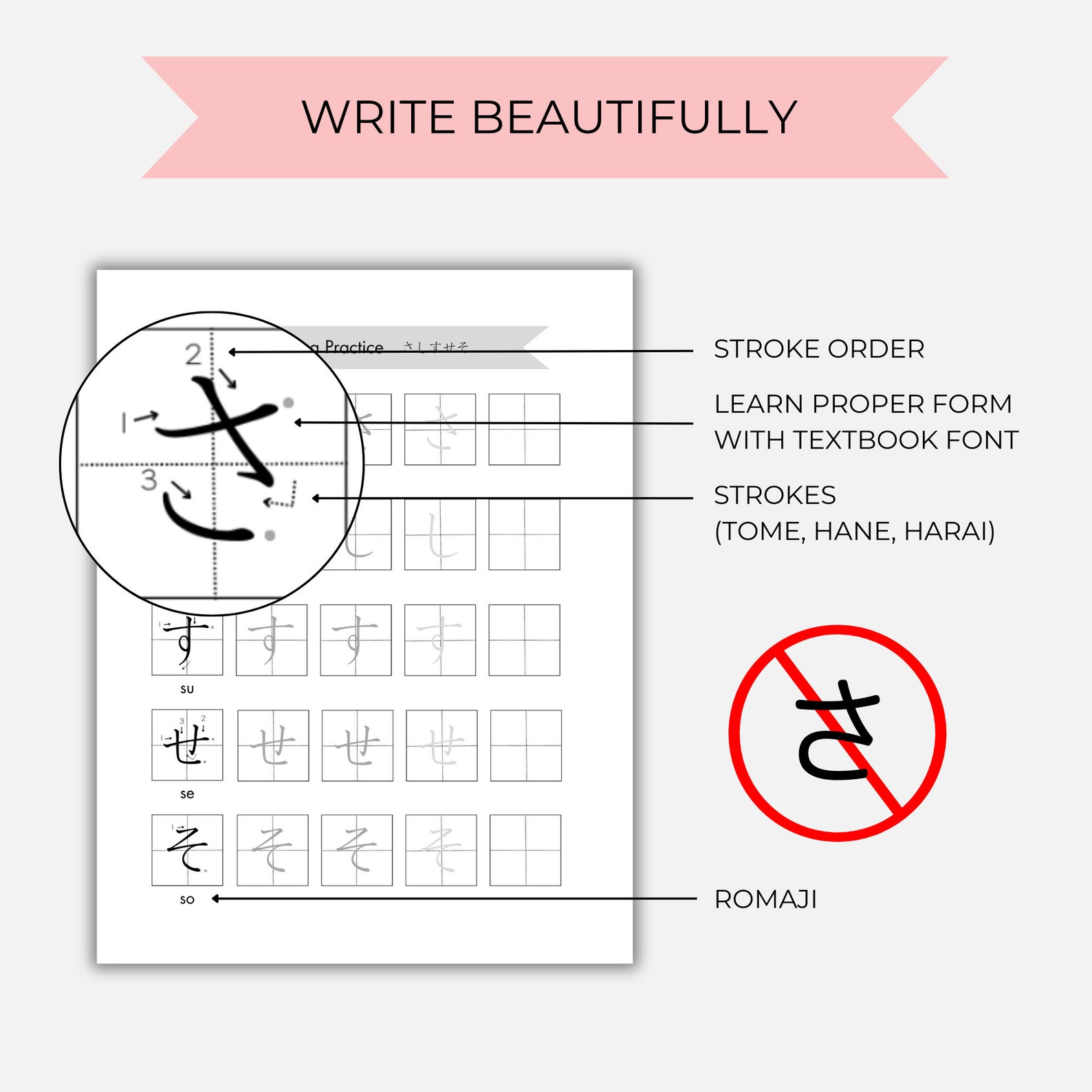Japanese Hiragana Writing Practice Worksheet for Beginner, Alphabet ...