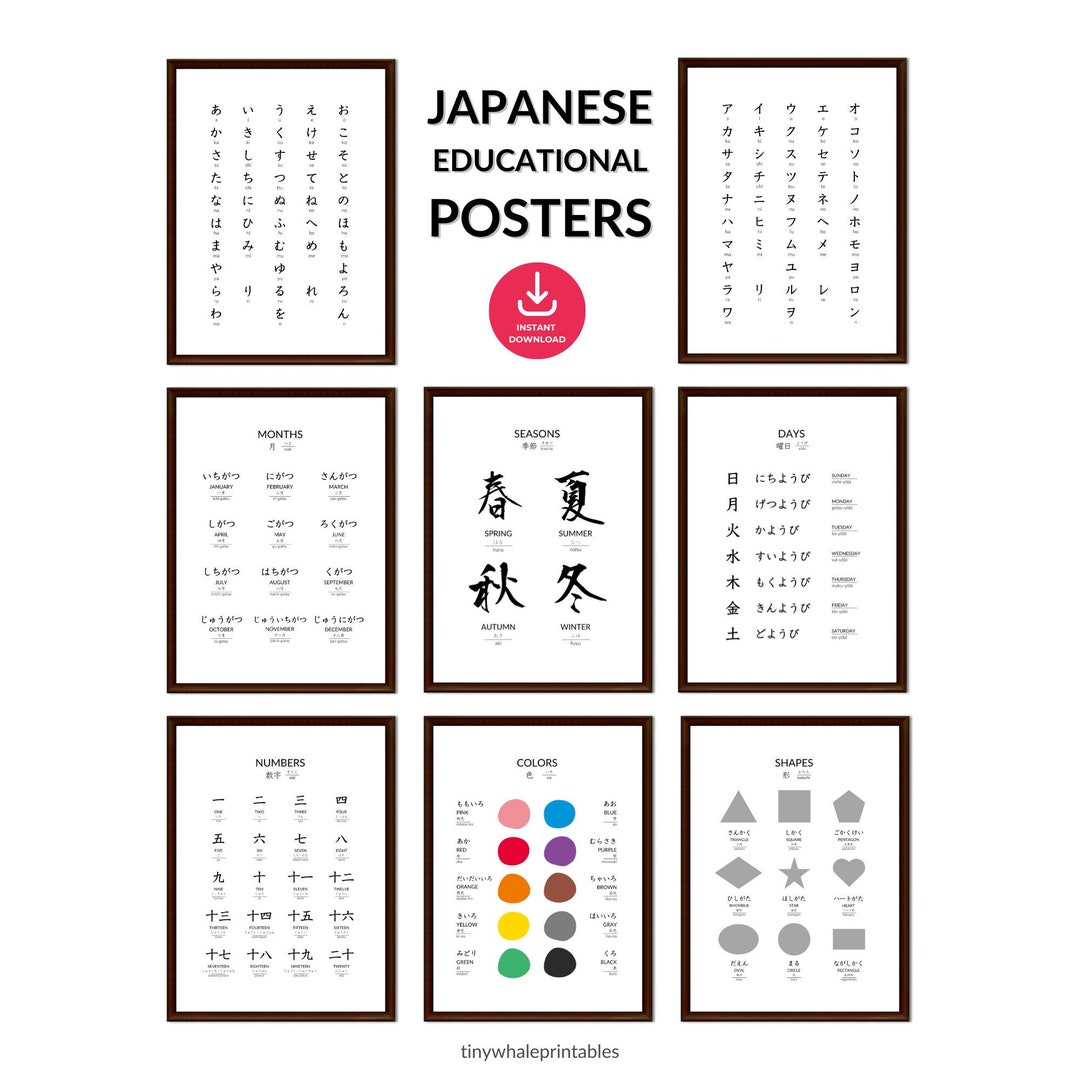 8 Japanese Bilingual Educational Posters, Hiragana Katakana Chart for ...