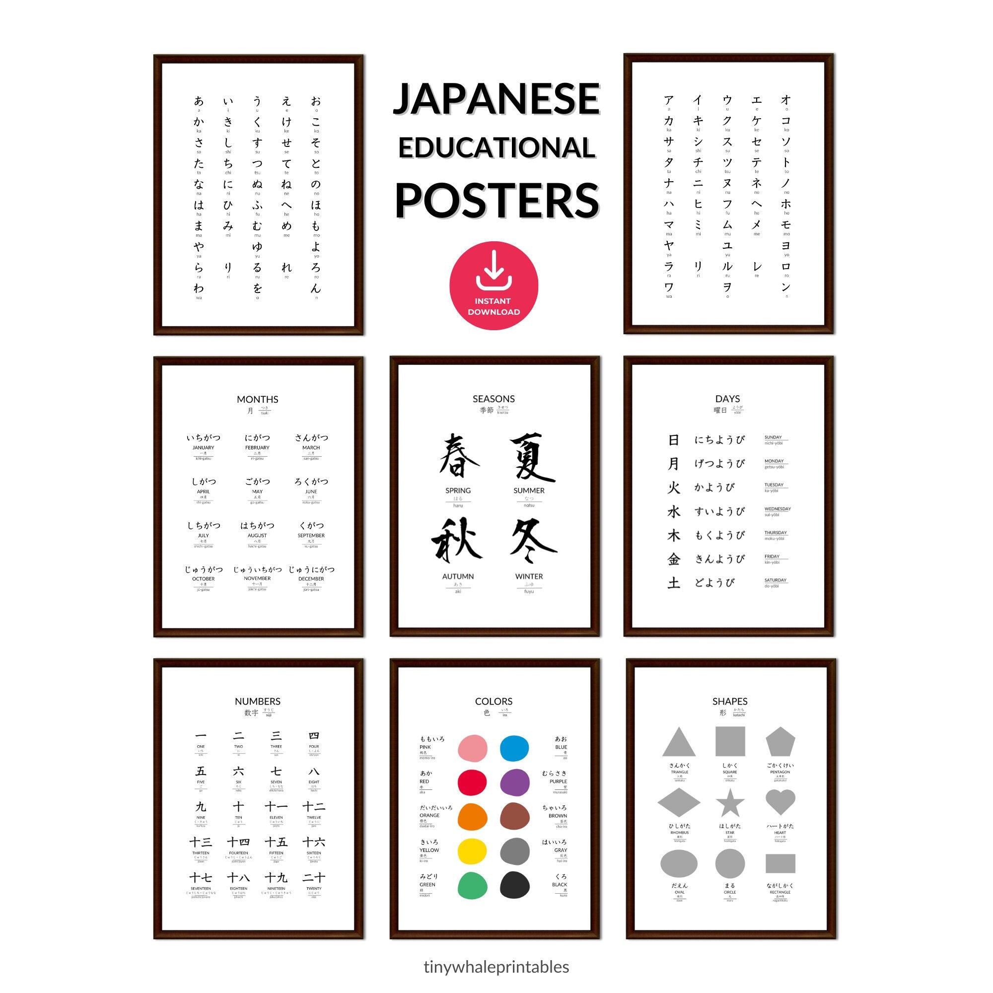 8 Japanese Bilingual Educational Posters, Hiragana Katakana Chart for ...