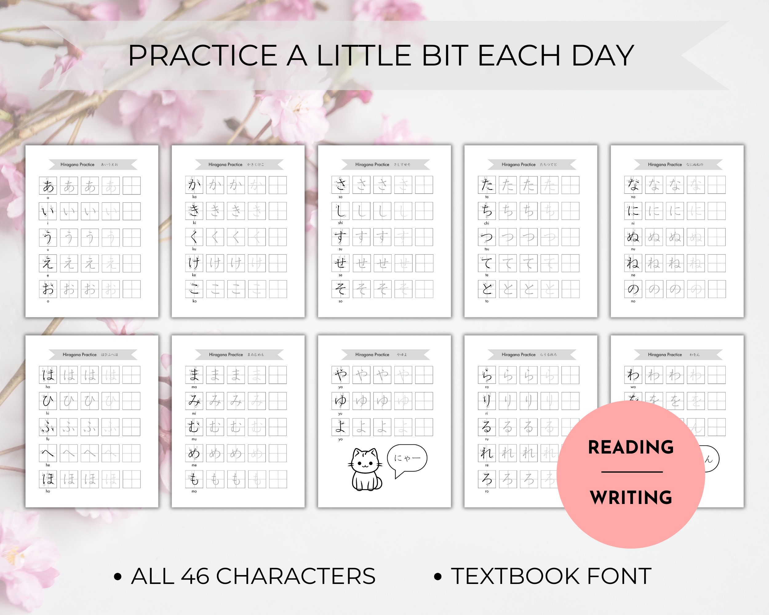 Japanese Hiragana Writing Practice Worksheet for Beginner, Alphabet ...