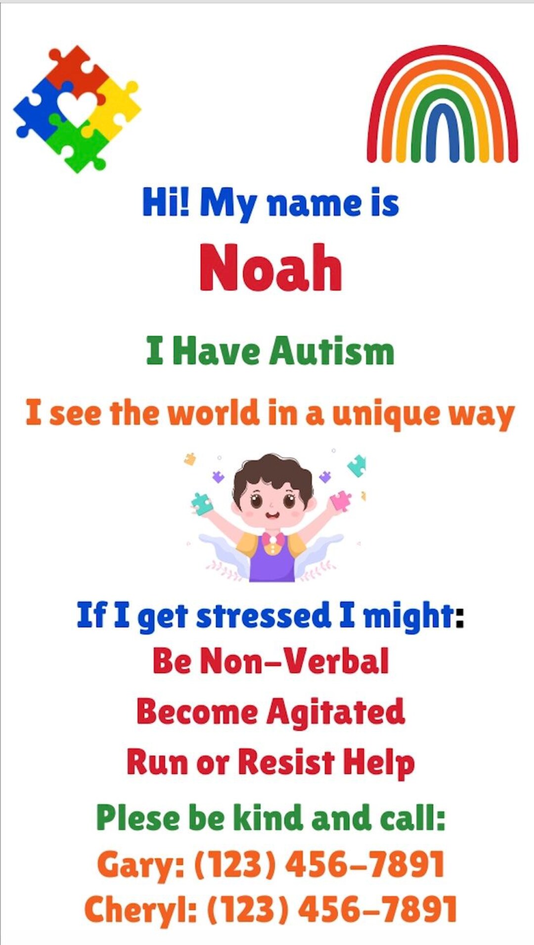 Autism Emergency Contact Card | Medical ID for Non-verbal Children ...