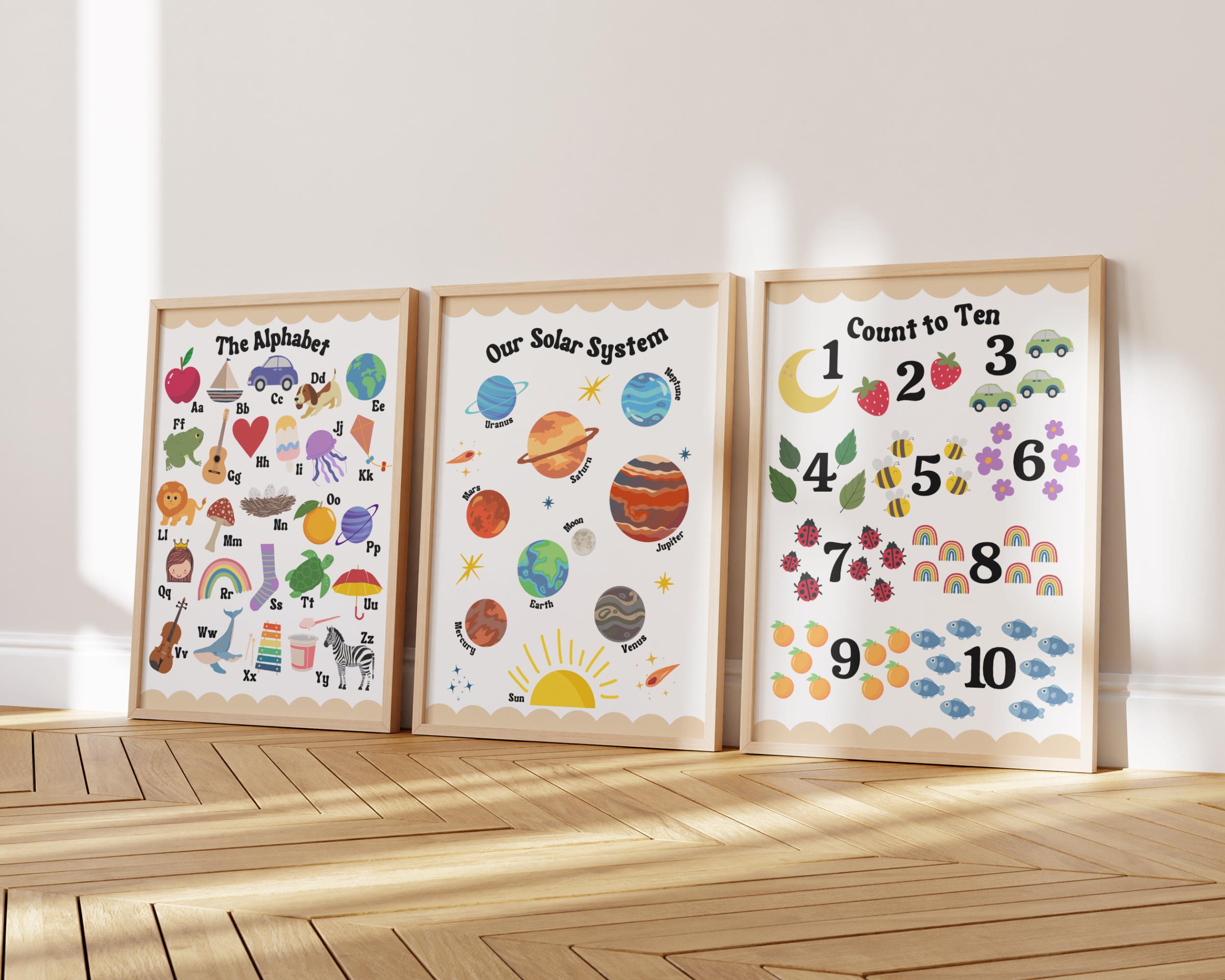 Educational Kids Posters | ABC Alphabet, Numbers 1-10 | Set of 3 Prints ...