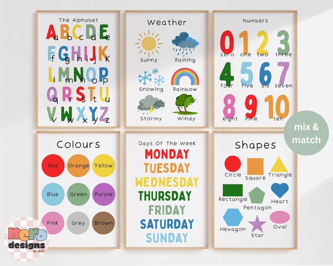 Educational Set of Prints Mix & Match | Alphabet Numbers | Children’s ...
