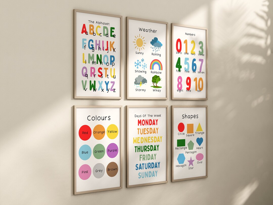 Kids Educational Set of Posters Childrens Wall Art ABC Alphabet Numbers ...
